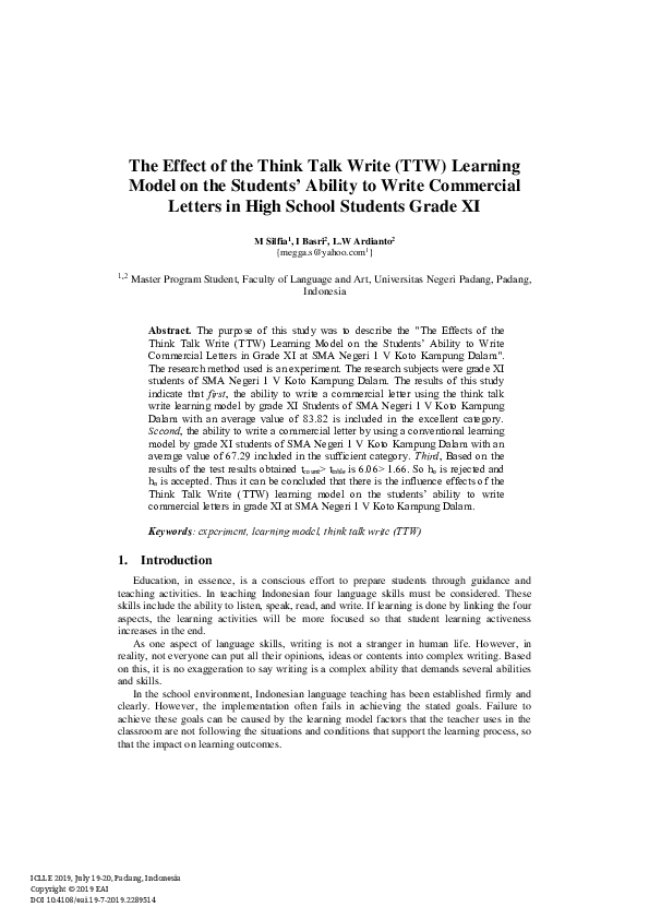 (PDF) The Effect of the Think Talk Write (TTW) Learning Model on the ...