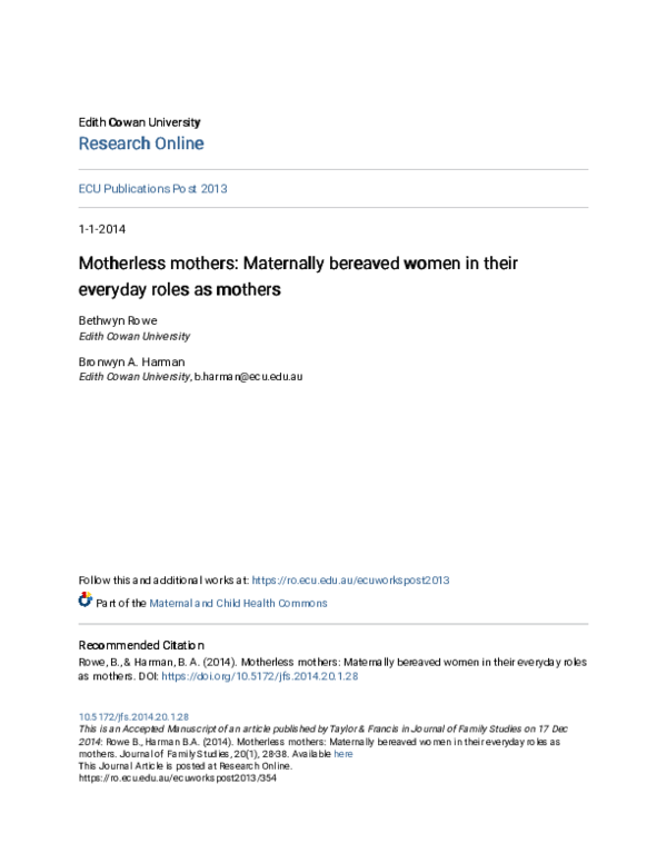 (PDF) Motherless mothers: Maternally bereaved women in their everyday ...