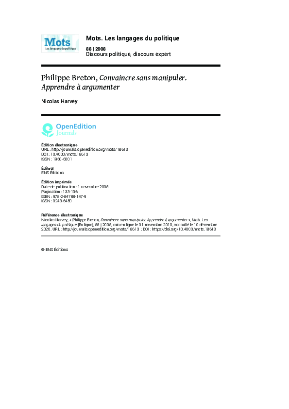 (PDF) Philippe Breton, Convaincre sans manipuler. Apprendre à argumenter