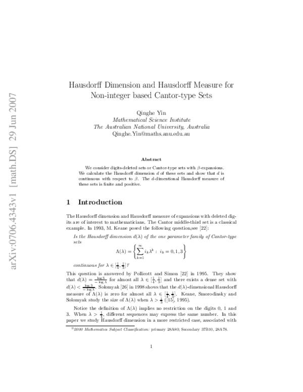 (PDF) Hausdorff Dimension and Hausdorff Measure for Non-integer based Cantor-type Sets | Qinghe ...