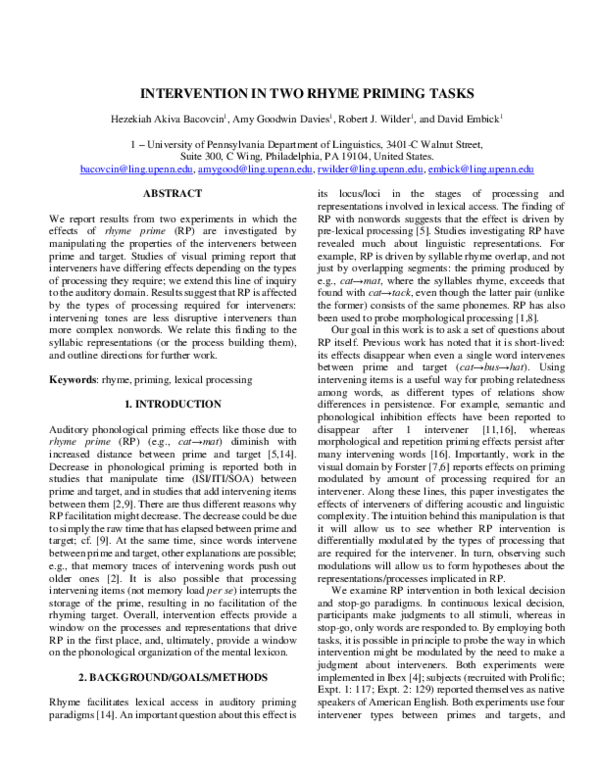 (PDF) Intervention in two rhyme priming tasks