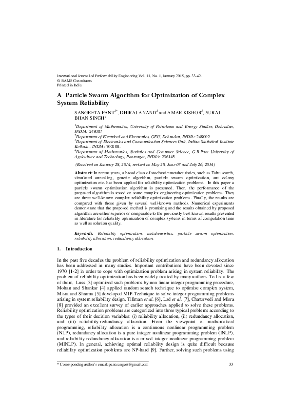Pdf A Particle Swarm Algorithm For Optimization Of Complex System Reliability