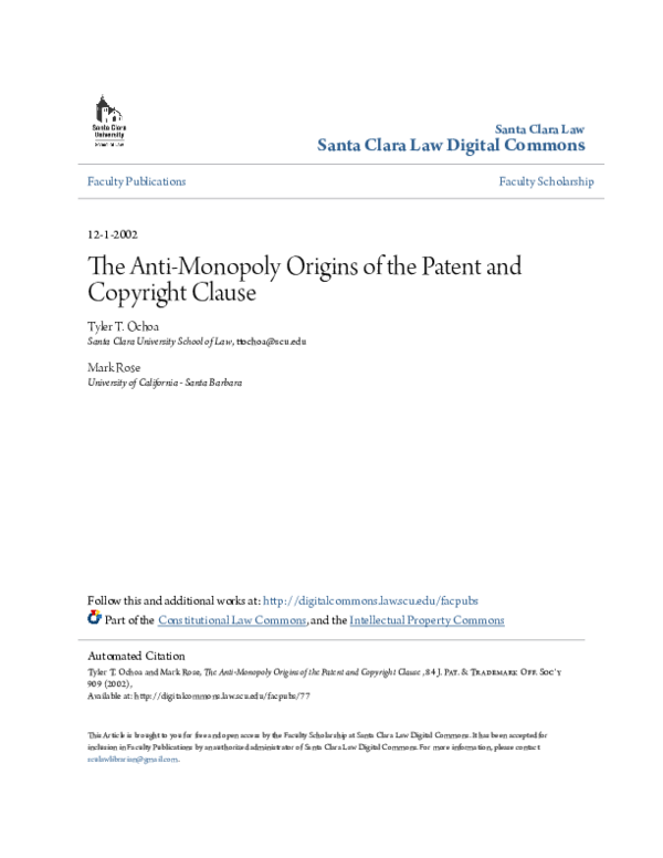 (PDF) The Anti-Monopoly Origins of the Patent and Copyright Clause