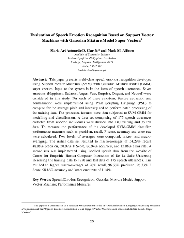 Pdf Evaluation Of Speech Emotion Recognition Based On Support Vector Machines With Gaussian