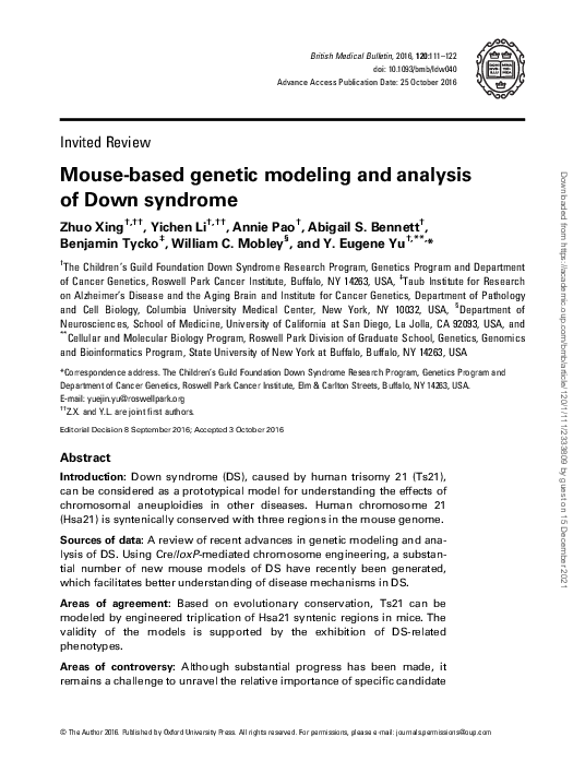 (PDF) Mouse-based genetic modeling and analysis of Down syndrome