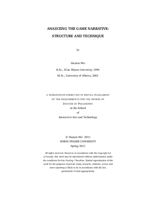 (PDF) Analyzing the game narrative: structure and technique