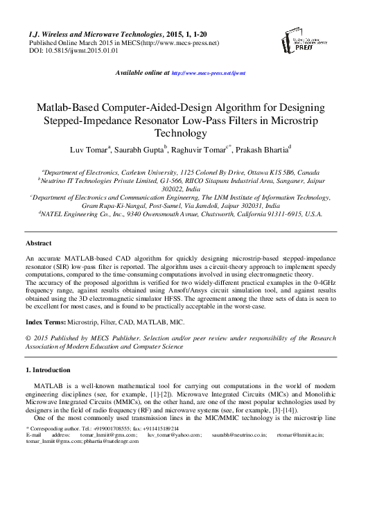 (PDF) Matlab-Based Computer-Aided-Design Algorithm for Designing Stepped-Impedance Resonator Low ...