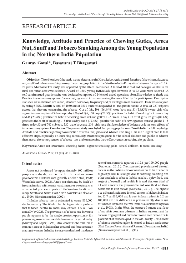 (PDF) Knowledge, Attitude and Practice of Chewing Gutka, Areca Nut ...