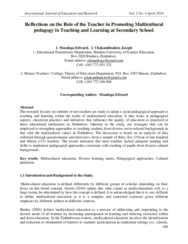 (PDF) Reflections on the role of the teacher in promoting multicultural ...