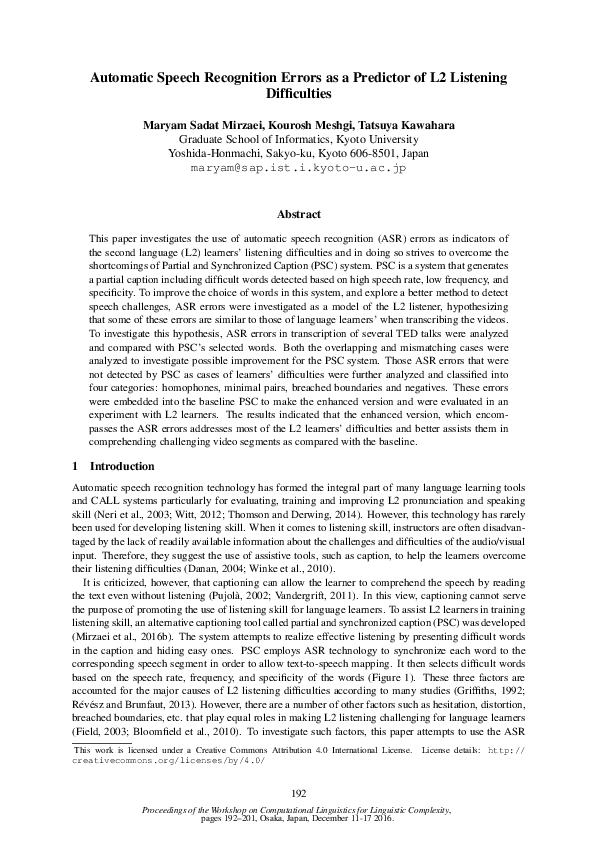 (PDF) Automatic Speech Recognition Errors as a Predictor of L2 Listening Difficulties