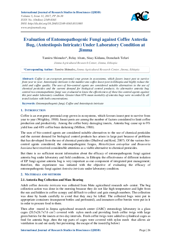 (PDF) Evaluation of Entomopathogenic Fungi against Coffee Antestia Bug ...