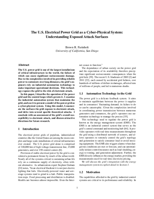 (PDF) The U.S. Electrical Power Grid as a Cyber-Physical System ...