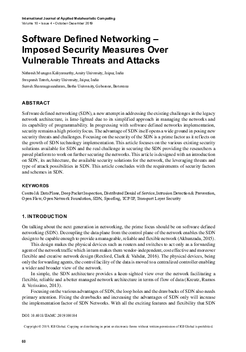 (PDF) Software Defined Networking – Imposed Security Measures Over Vulnerable Threats and Attacks