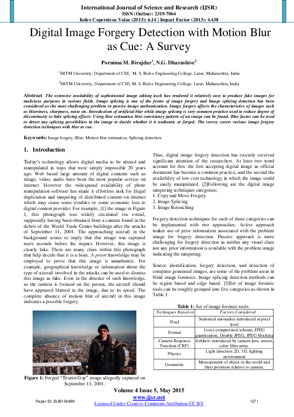 (PDF) Digital Image Forgery Detection with Motion Blur as Cue: A Survey