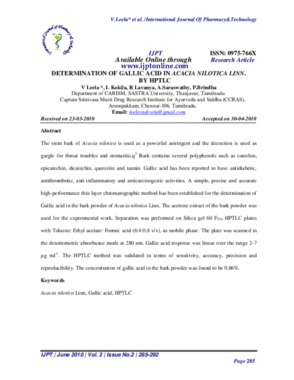 Pdf Determination Of Gallic Acid In Acacia Nilotica Linn By Hptlc
