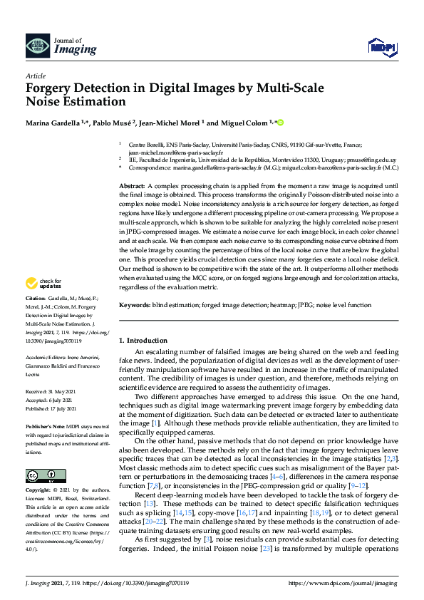 (PDF) Forgery Detection in Digital Images by Multi-Scale Noise Estimation
