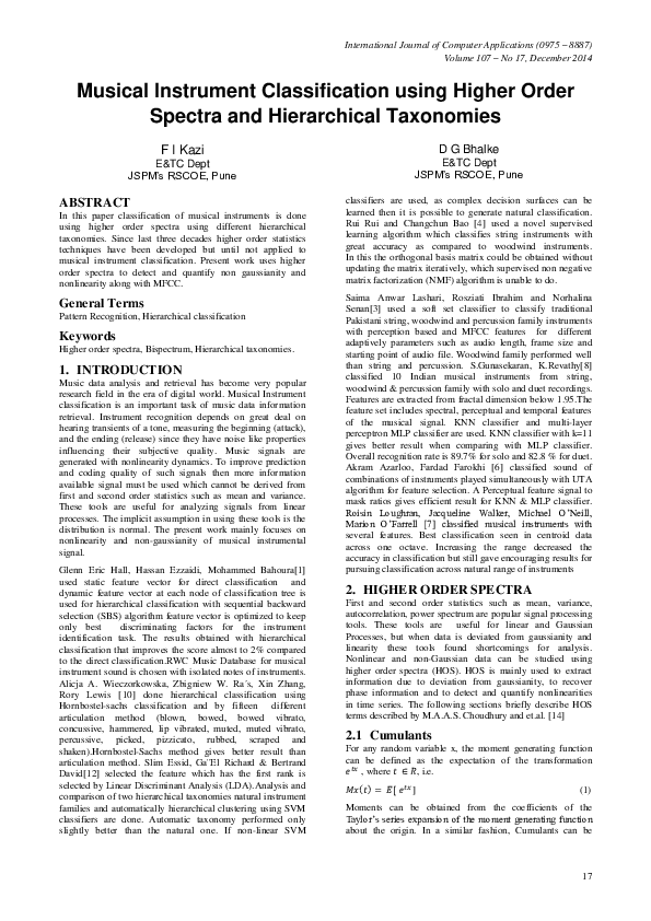 (PDF) Musical Instrument Classification using Higher Order Spectra and ...