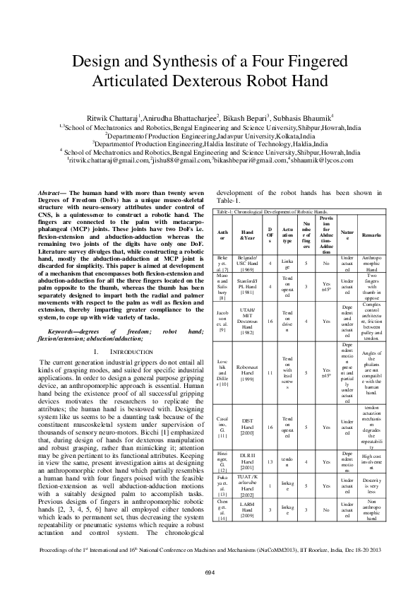 (PDF) Design and Synthesis of a Four Fingered Articulated Dexterous Robot Hand | Bikash Bepari ...