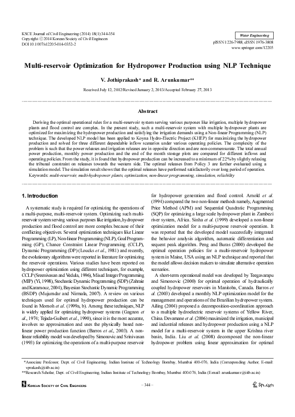 Pdf Multi Reservoir Optimization For Hydropower Production Using Nlp Technique