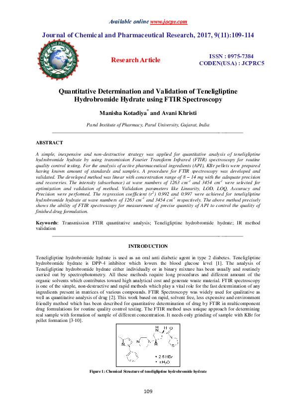 Pdf Quantitative Determination And Validation Of Teneligliptine Hydrobromide Hydrate Using
