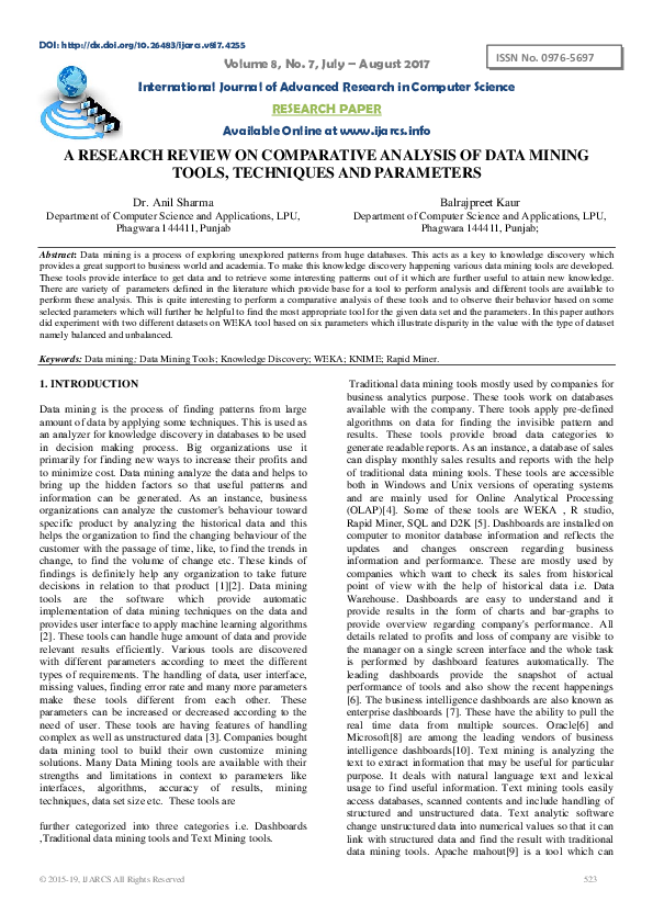 Pdf A Research Review On Comparative Analysis Of Data Mining Tools Techniques And Parameters 6146