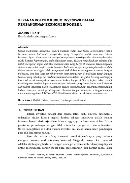 (PDF) Peranan Politik Hukum Investasi Dalam Pembangunan Ekonomi Indonesia