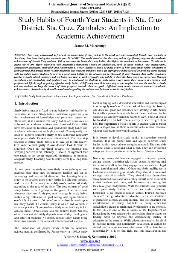 (PDF) Study Habits of Fourth Year Students in Sta. Cruz District, Sta ...