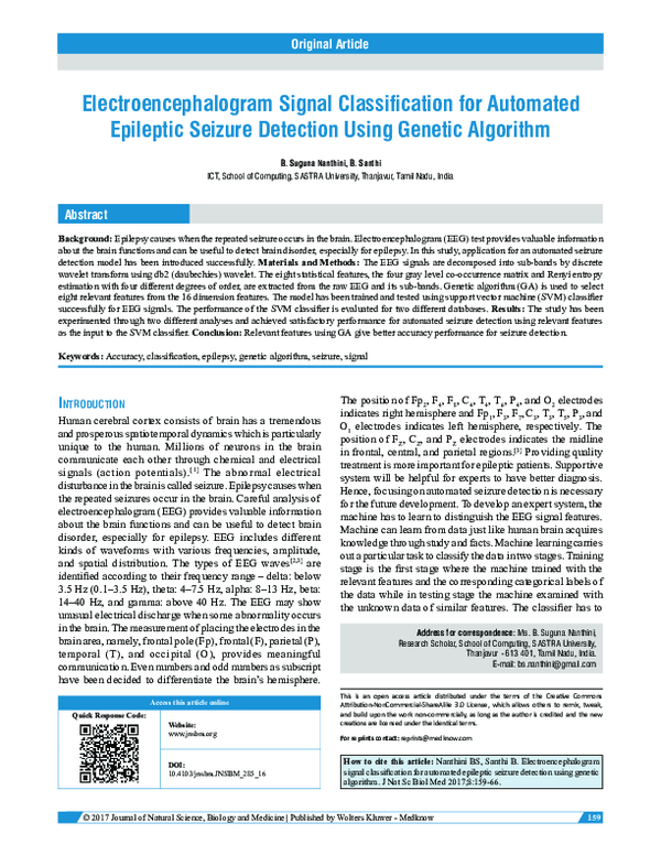 (PDF) Electroencephalogram signal classification for automated epileptic seizure detection using ...