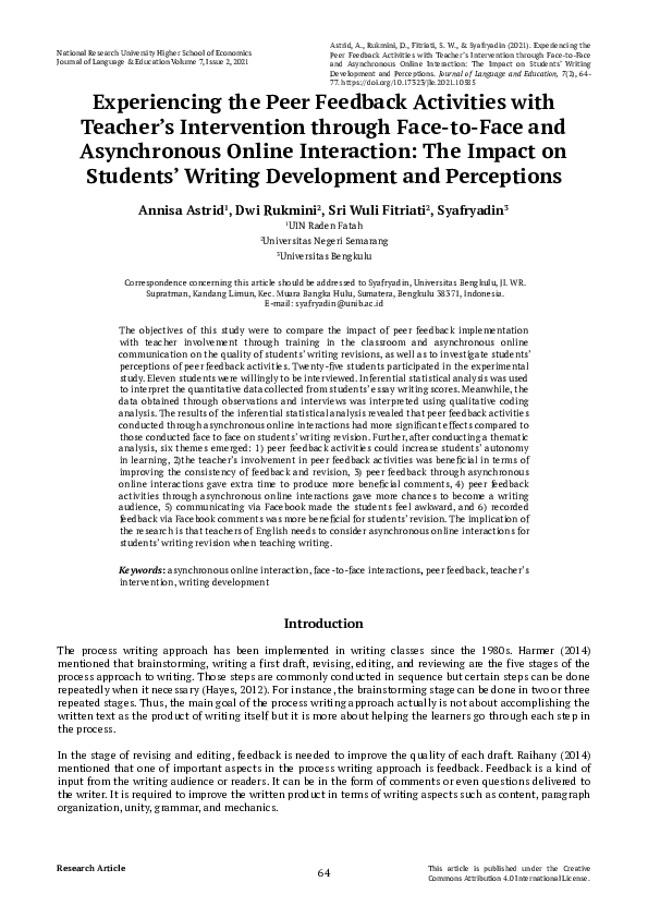 (PDF) Experiencing the Peer Feedback Activities with Teacher’s ...