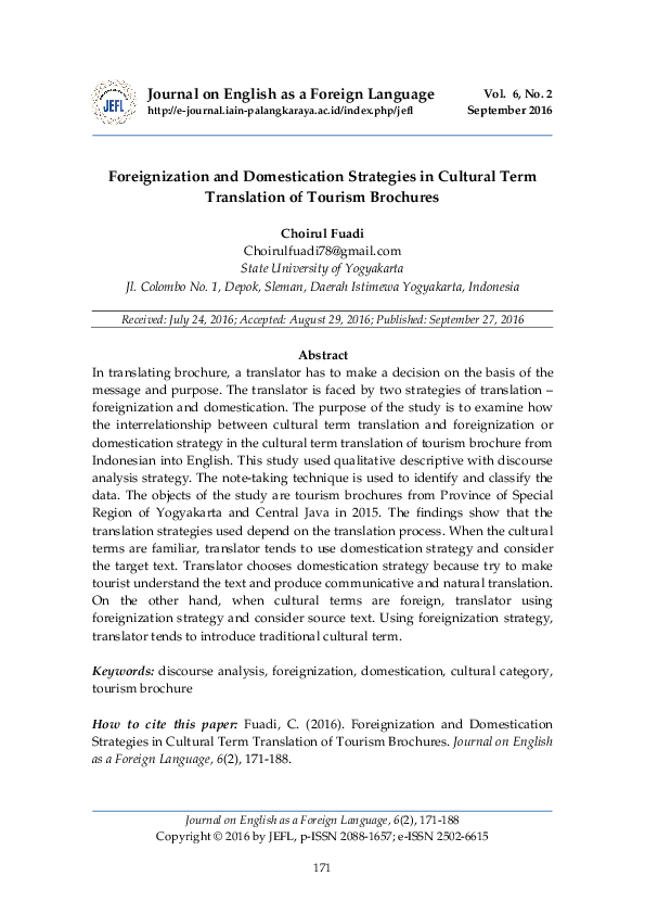 Pdf Foreignization And Domestication Strategies In Cultural Term Translation Of Tourism Brochures