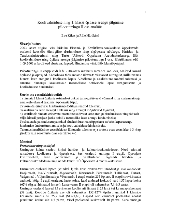 (PDF) Koolivalmiduse ning 1. klassi õpilase arengu jälgimise ...