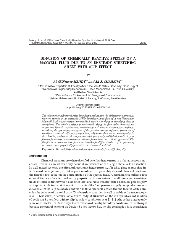 (PDF) Diffusion of chemically reactive species of a Maxwell fluid due ...