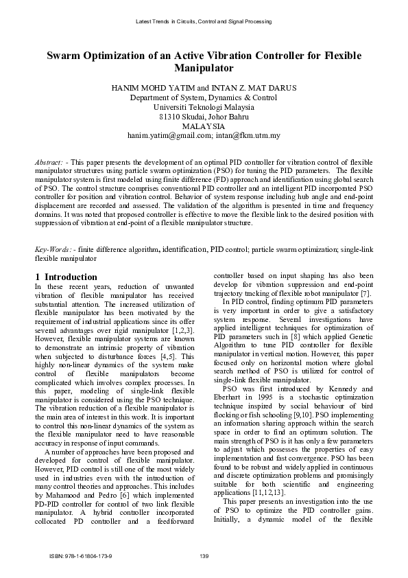 (PDF) Swarm Optimization of an Active Vibration Controller for Flexible Manipulator