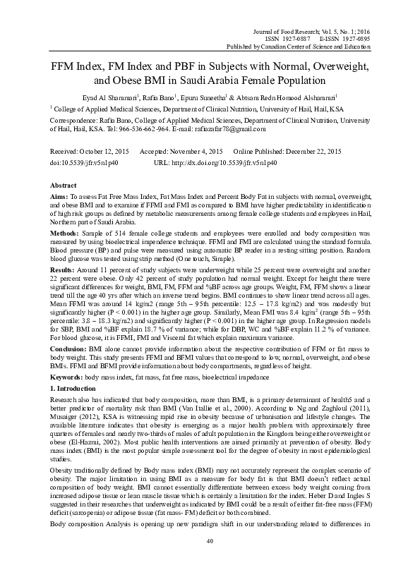 (PDF) FFM Index, FM Index and PBF in Subjects with Normal, Overweight ...