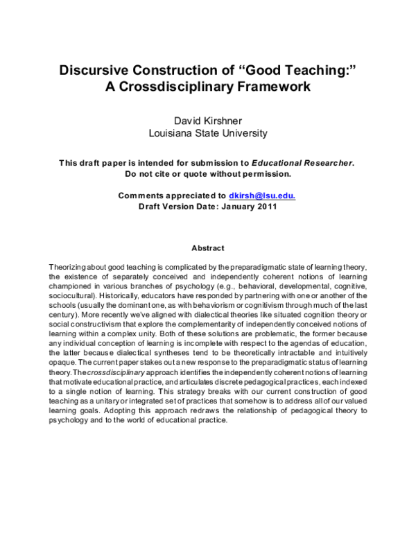 (PDF) Discursive Construction of “ Good Teaching : ” A Crossdisciplinary Framework