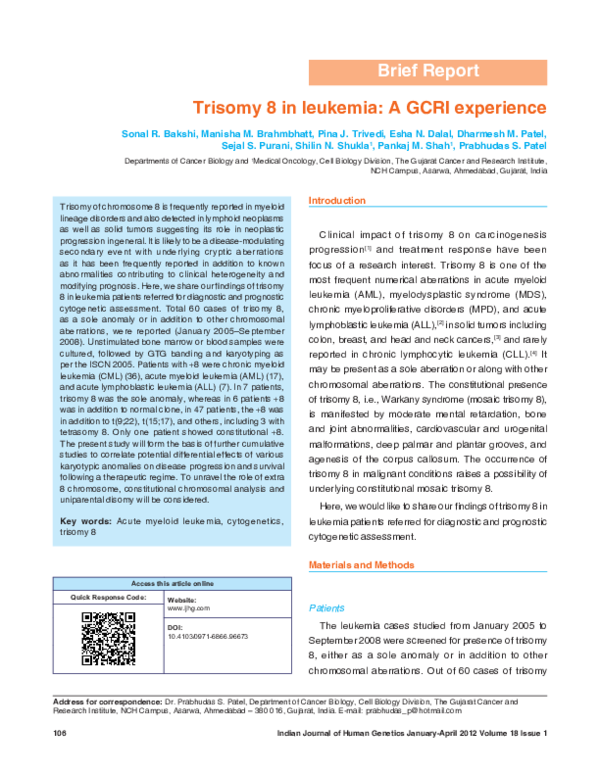 (PDF) Trisomy 8 in leukemia: A GCRI experience