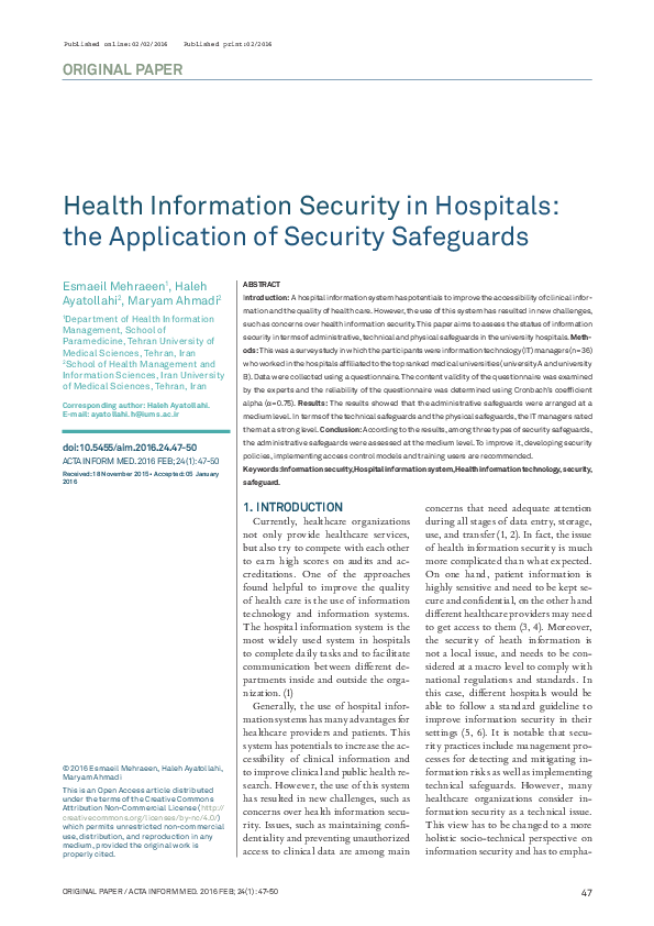 (PDF) Health Information Security in Hospitals: the Application of ...
