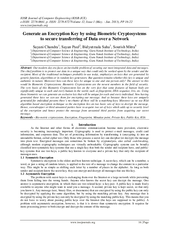 Pdf Generate An Encryption Key By Using Biometric Cryptosystems To