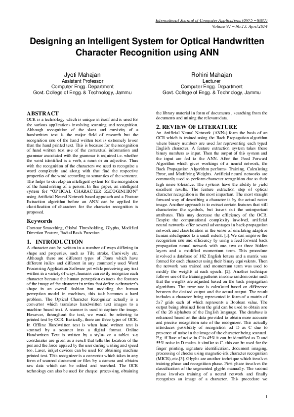 (PDF) Designing an Intelligent System for Optical Handwritten Character ...