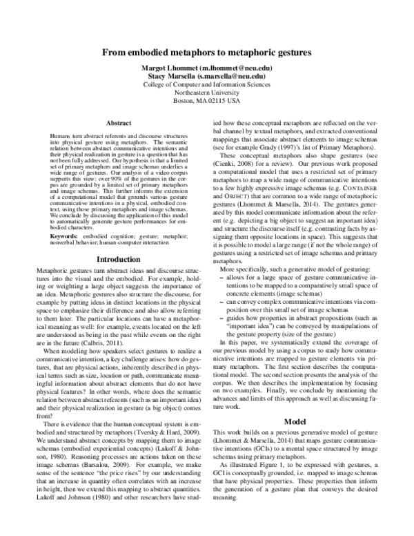 (PDF) From embodied metaphors to metaphoric gestures