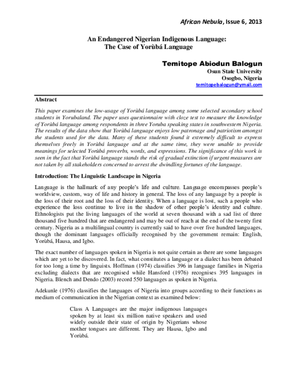 (PDF) An Endangered Nigerian Indigenous Language: The Case of Yorùbá ...