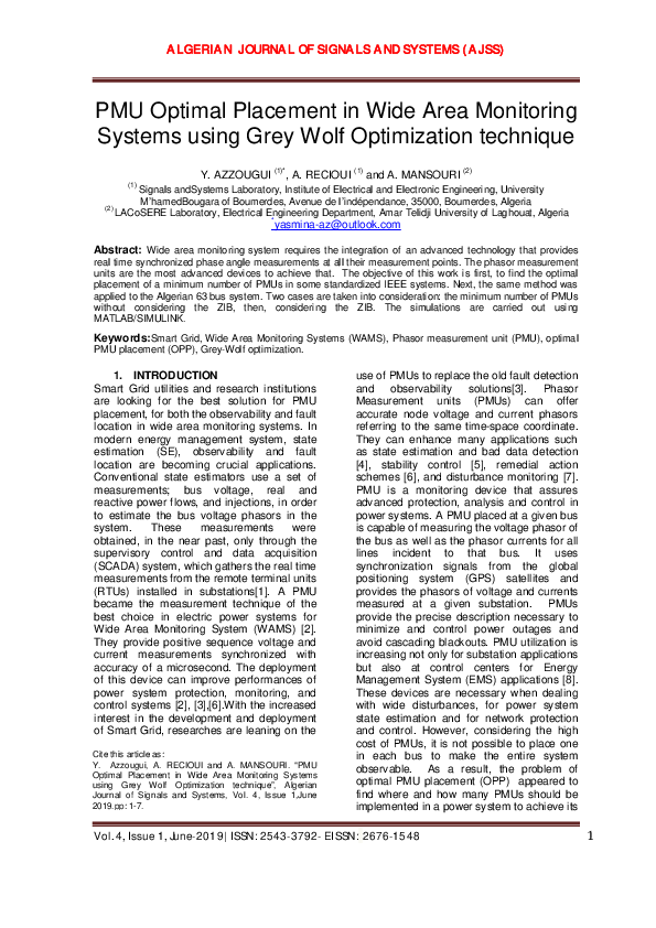 (PDF) PMU Optimal Placement in Wide Area Monitoring Systems using Grey Wolf Optimization technique