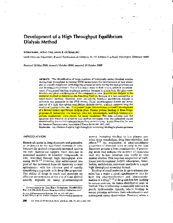(PDF) Development of a high throughput equilibrium dialysis method ...