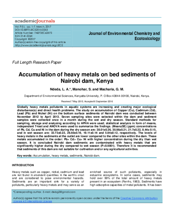(PDF) Accumulation of heavy metals on bed sediments of Nairobi dam, Kenya