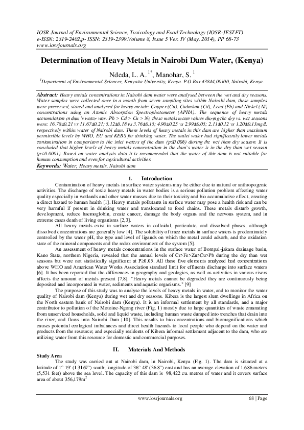(PDF) Determination of Heavy Metals in Nairobi Dam Water, (Kenya