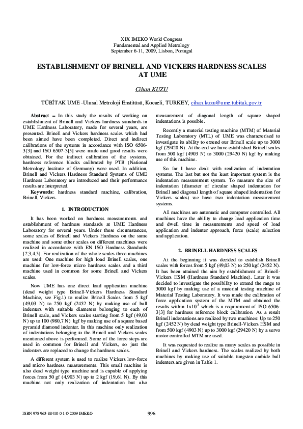 (PDF) Establishment of Brinell and Vickers Hardness Scales at Ume