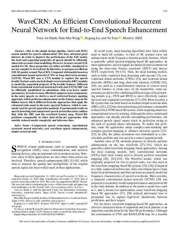 (PDF) WaveCRN: An Efficient Convolutional Recurrent Neural Network for End-to-End Speech Enhancement