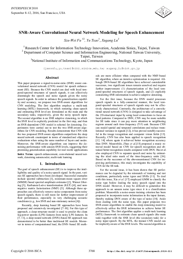 (PDF) SNR-Aware Convolutional Neural Network Modeling for Speech ...
