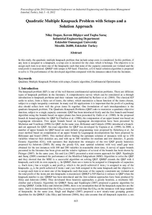 Pdf Quadratic Multiple Knapsack Problem With Setup Costs A Ga Approach