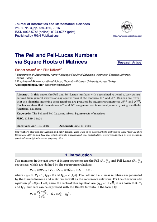 (PDF) The Pell and Pell-Lucas Numbers via Square Roots of Matrices